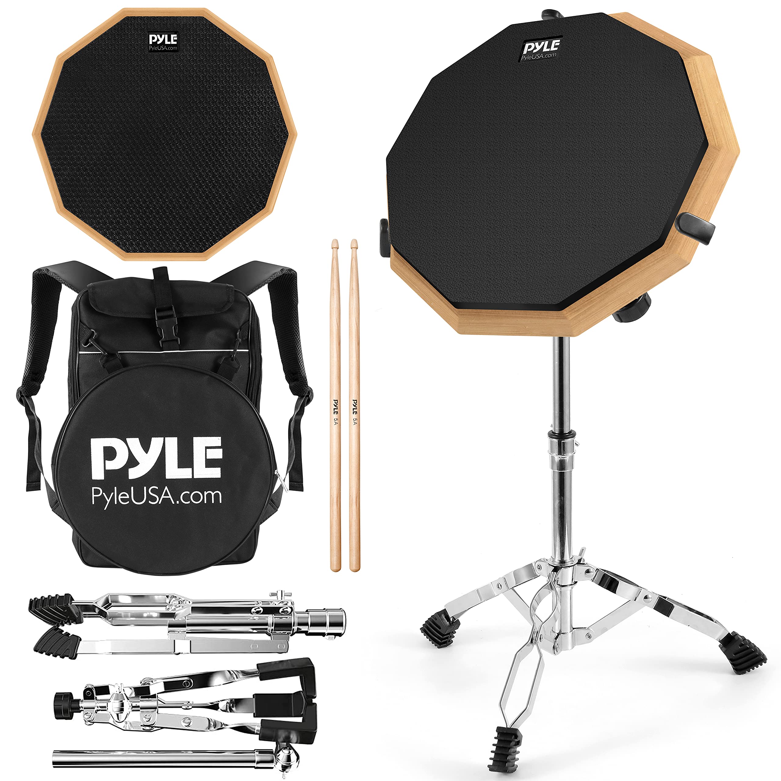 Pyle 12” Practice Pad Set with Snare Stand-Double Sided Rubber Silent Dumb Drumpad with Drumming Accessories, Adjustable Rack Mount, Pair of 5A Drumsticks, Travel Bag, Black (PSDPKIT10.5)