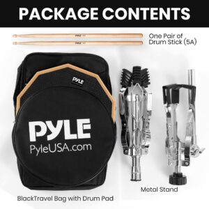 Pyle 12” Practice Pad Set with Snare Stand-Double Sided Rubber Silent Dumb Drumpad with Drumming Accessories, Adjustable Rack Mount, Pair of 5A Drumsticks, Travel Bag, Black (PSDPKIT10.5)