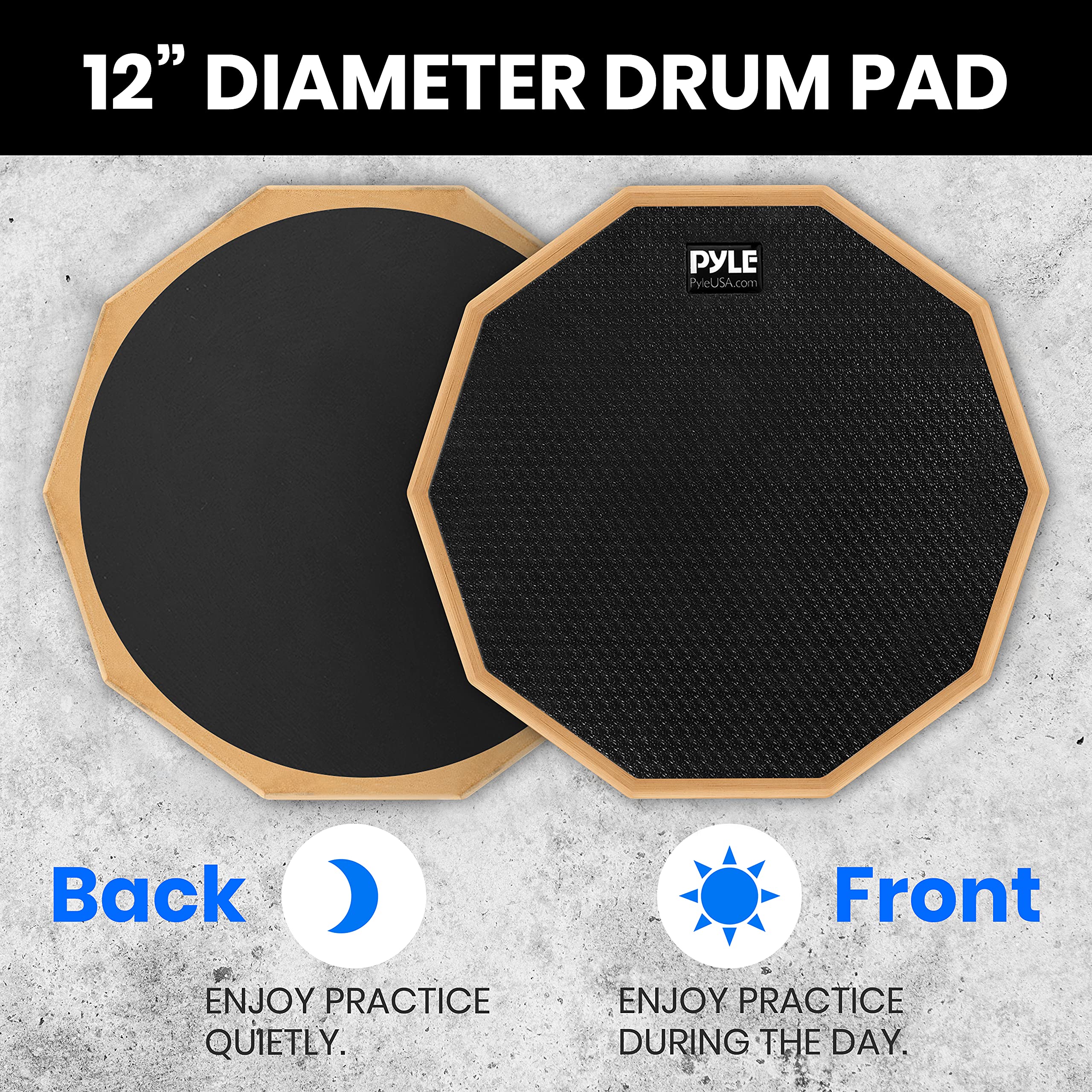 Pyle 12” Practice Pad Set with Snare Stand-Double Sided Rubber Silent Dumb Drumpad with Drumming Accessories, Adjustable Rack Mount, Pair of 5A Drumsticks, Travel Bag, Black (PSDPKIT10.5)