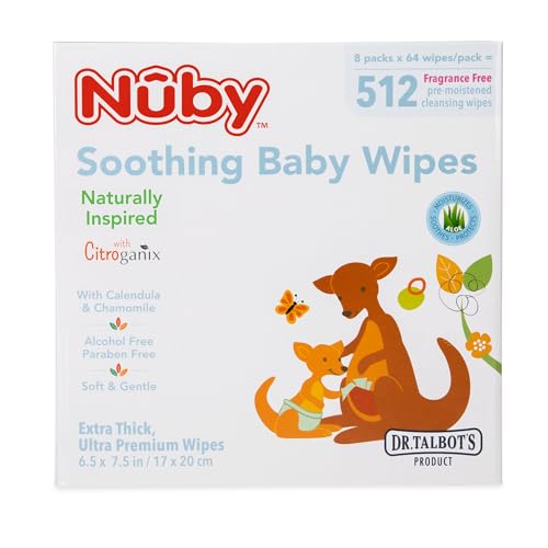 Nuby's Soothing Ultra Premium Baby Wipes Naturally Inspired with Chamomile, Aloe, and Citroganix, Fragrance Free, Extra Thick, 512 Count