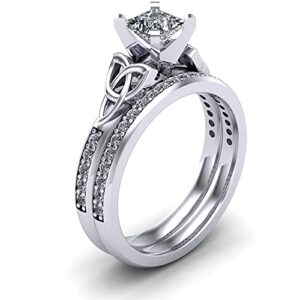 Engagement Ring for Women Bridal Sets 1-2/5 ct. tw. Princess cut Moissanite engagement ring set wedding ring set Platinum Plated Silver celtic rings for women Anniversary size5.5