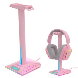 nacodex pink rgb gaming headphone stand with 3.5mm aux & 2 usb port, touch control 10 lighting mode headset holder for pc gamers desk accessories (pink)