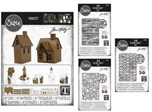 tim holtz sizzix village collection thinlits dies, bundle of 87 dies (665564) plus 3 coordinating mini texture fades, lumber, cobblestone and brickwork (665460, 665461, 665462)