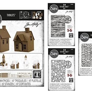 Tim Holtz Sizzix Village Collection Thinlits Dies, Bundle of 87 Dies (665564) Plus 3 Coordinating Mini Texture Fades, Lumber, Cobblestone and Brickwork (665460, 665461, 665462)