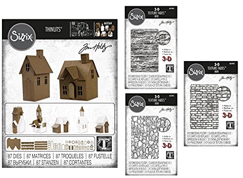 Tim Holtz Sizzix Village Collection Thinlits Dies, Bundle of 87 Dies (665564) Plus 3 Coordinating Mini Texture Fades, Lumber, Cobblestone and Brickwork (665460, 665461, 665462)