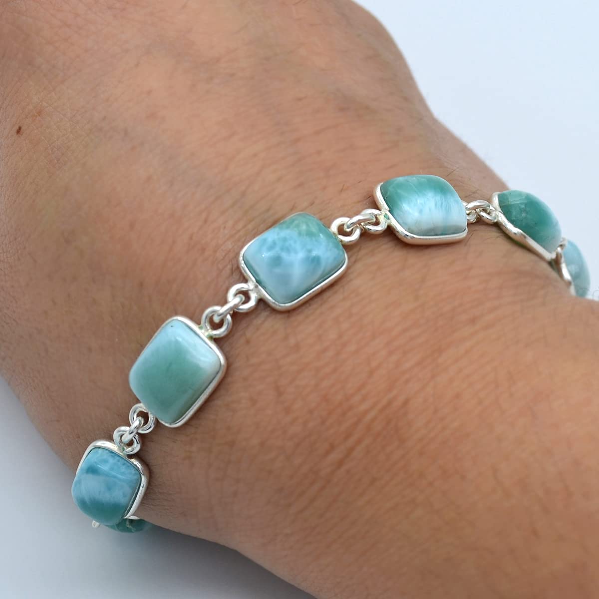 DESIGN HUB Blue Larimar Stone Bracelets 925 Silver Overlay For Women Girl Gifts - Gemstone Adjustable 7.5" Cushion Cabochon Link Bracelets Christmas Gifts For Her (Bracelet Style 2)