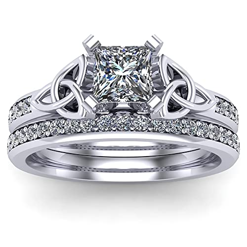 Engagement Ring for Women Bridal Sets 1-2/5 ct. tw. Princess cut Moissanite engagement ring set wedding ring set Platinum Plated Silver celtic rings for women Anniversary size5.5