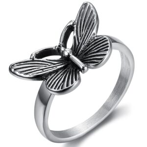 jude jewelers stainless steel retro vintage butterfly style wedding promise statement anniversary ring (silver, 8)