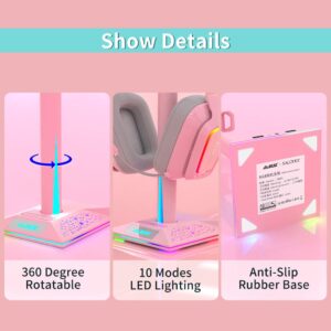 NACODEX Pink RGB Gaming Headphone Stand with 3.5mm AUX & 2 USB Port, Touch Control 10 Lighting Mode Headset Holder for PC Gamers Desk Accessories (Pink)