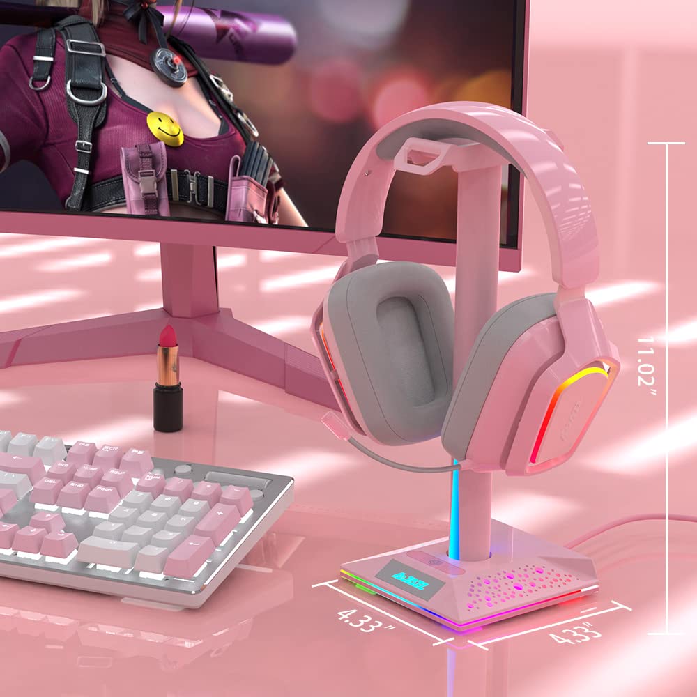 NACODEX Pink RGB Gaming Headphone Stand with 3.5mm AUX & 2 USB Port, Touch Control 10 Lighting Mode Headset Holder for PC Gamers Desk Accessories (Pink)