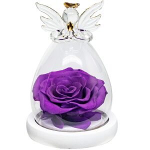 roliys preserved real flower rose in a glass angel statue cover，immortality rose， a gift for mother’s day christmas valentine’s day anniversary girlfriend birthday women (purple)