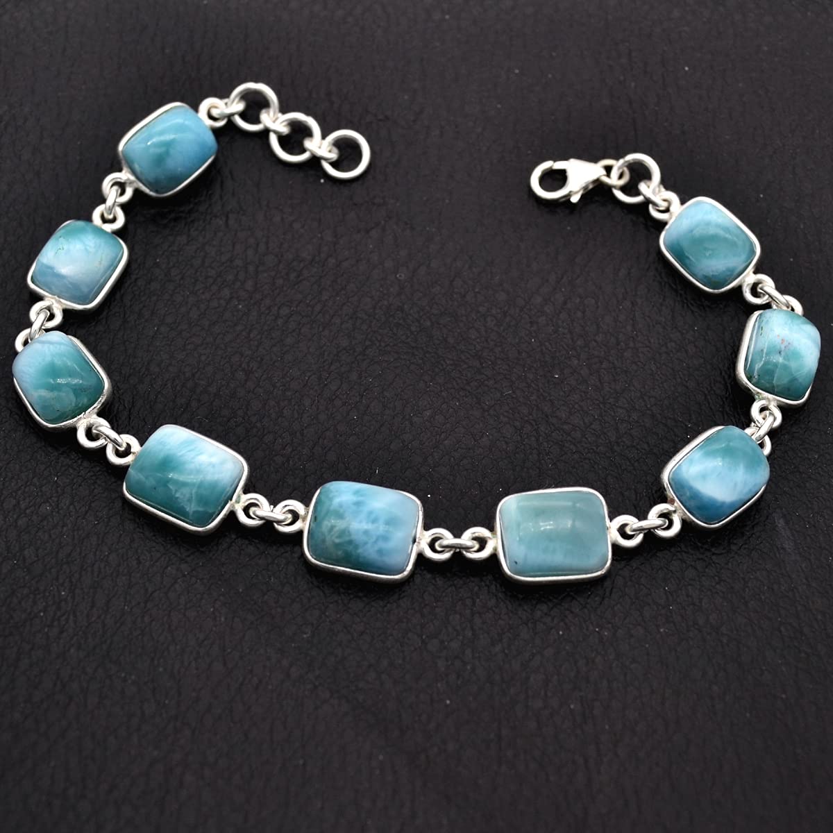 DESIGN HUB Blue Larimar Stone Bracelets 925 Silver Overlay For Women Girl Gifts - Gemstone Adjustable 7.5" Cushion Cabochon Link Bracelets Christmas Gifts For Her (Bracelet Style 2)