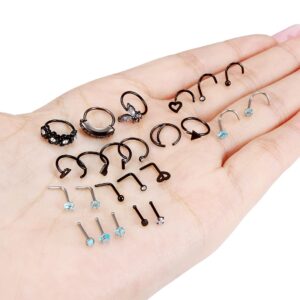 Tkzndnm 20g 20 Gauge Black Nose Rings Studs Hoops Piercings Para La Nariz Jewelry for Women Hypoallergenic Surgical Stainless Silver Steel Straight Pin Corkscrew Screw l Shaped Shape Bars