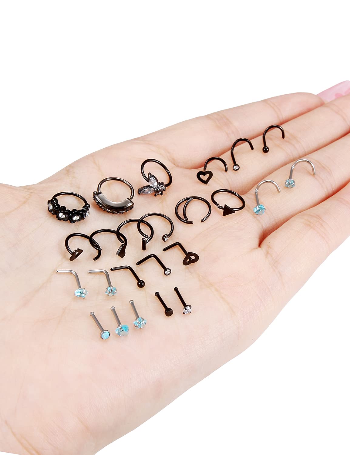 Tkzndnm 20g 20 Gauge Black Nose Rings Studs Hoops Piercings Para La Nariz Jewelry for Women Hypoallergenic Surgical Stainless Silver Steel Straight Pin Corkscrew Screw l Shaped Shape Bars