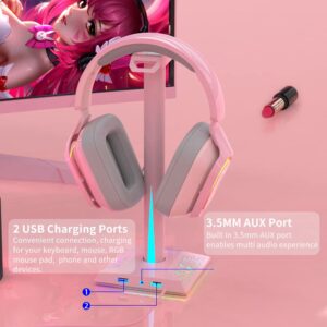 NACODEX Pink RGB Gaming Headphone Stand with 3.5mm AUX & 2 USB Port, Touch Control 10 Lighting Mode Headset Holder for PC Gamers Desk Accessories (Pink)