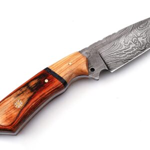 Damascus Knives for Hunting Skinning - Fixed Blade Hunting Knife with Sheath - Damascus Steel Knife with Wood Handle - 9 Inches Handmade Skinner Camping Knife.