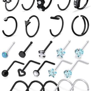 Tkzndnm 20g 20 Gauge Black Nose Rings Studs Hoops Piercings Para La Nariz Jewelry for Women Hypoallergenic Surgical Stainless Silver Steel Straight Pin Corkscrew Screw l Shaped Shape Bars