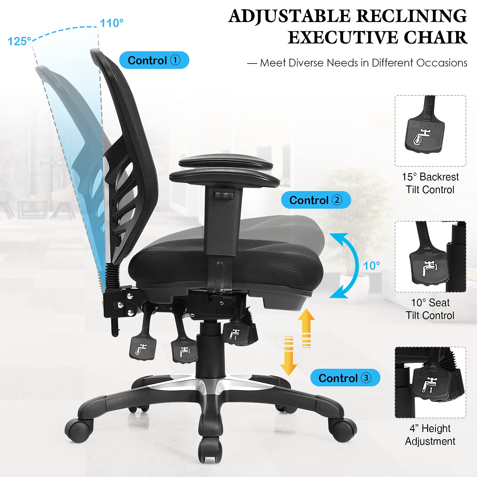 COSTWAY Mesh Office Chair, Mid Back Swivel Executive Task Chair with Height-Adjustable Armrests, Lumbar Support and Rocking Backrest, Ergonomic Breathable Computer Desk Chair for Home Office (Black)