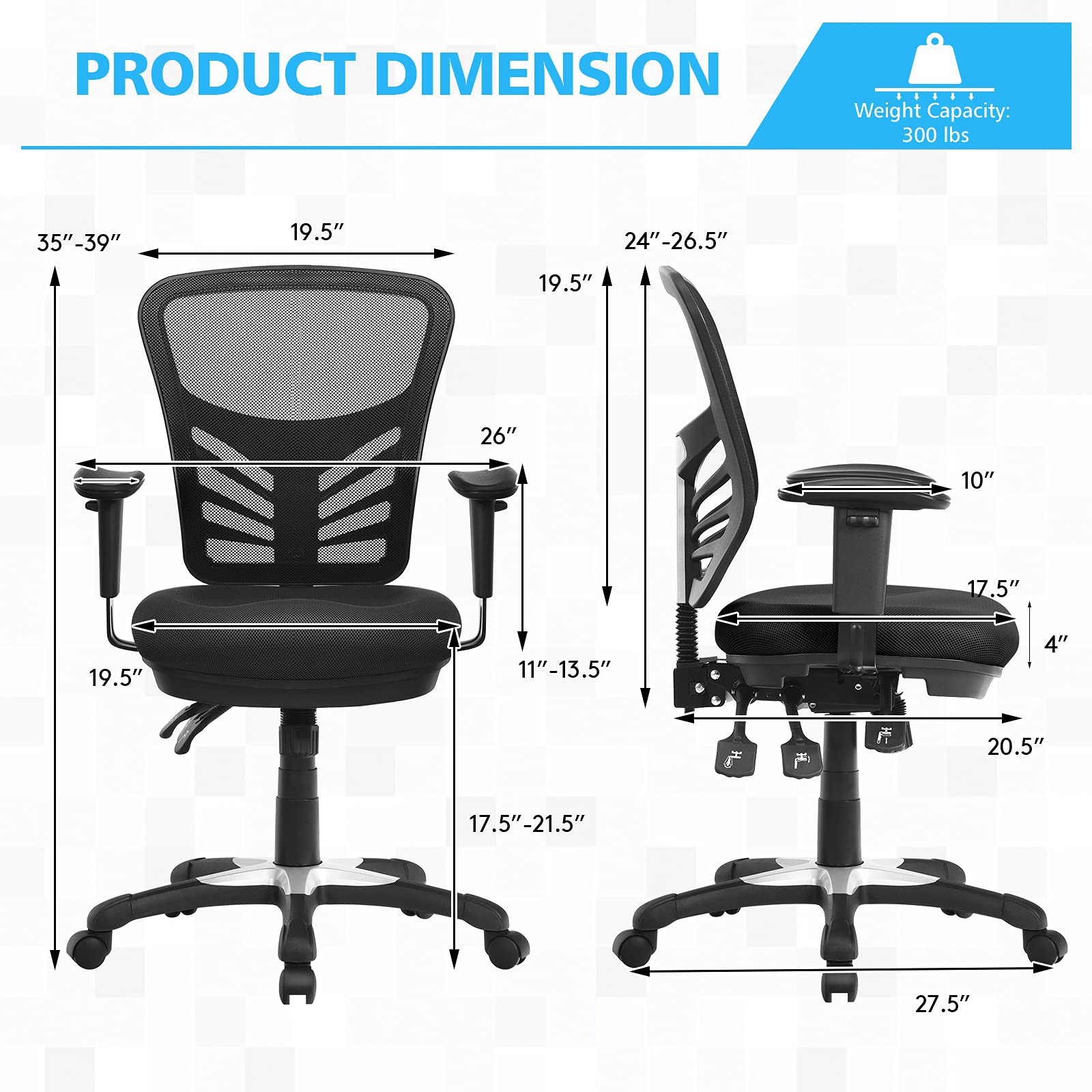 COSTWAY Mesh Office Chair, Mid Back Swivel Executive Task Chair with Height-Adjustable Armrests, Lumbar Support and Rocking Backrest, Ergonomic Breathable Computer Desk Chair for Home Office (Black)