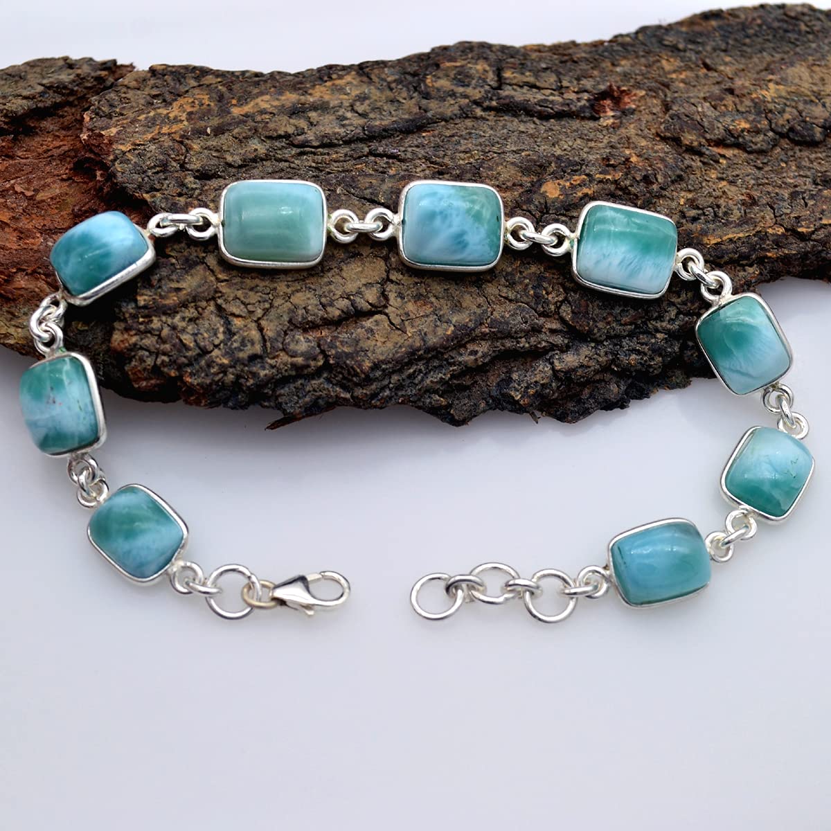 DESIGN HUB Blue Larimar Stone Bracelets 925 Silver Overlay For Women Girl Gifts - Gemstone Adjustable 7.5" Cushion Cabochon Link Bracelets Christmas Gifts For Her (Bracelet Style 2)