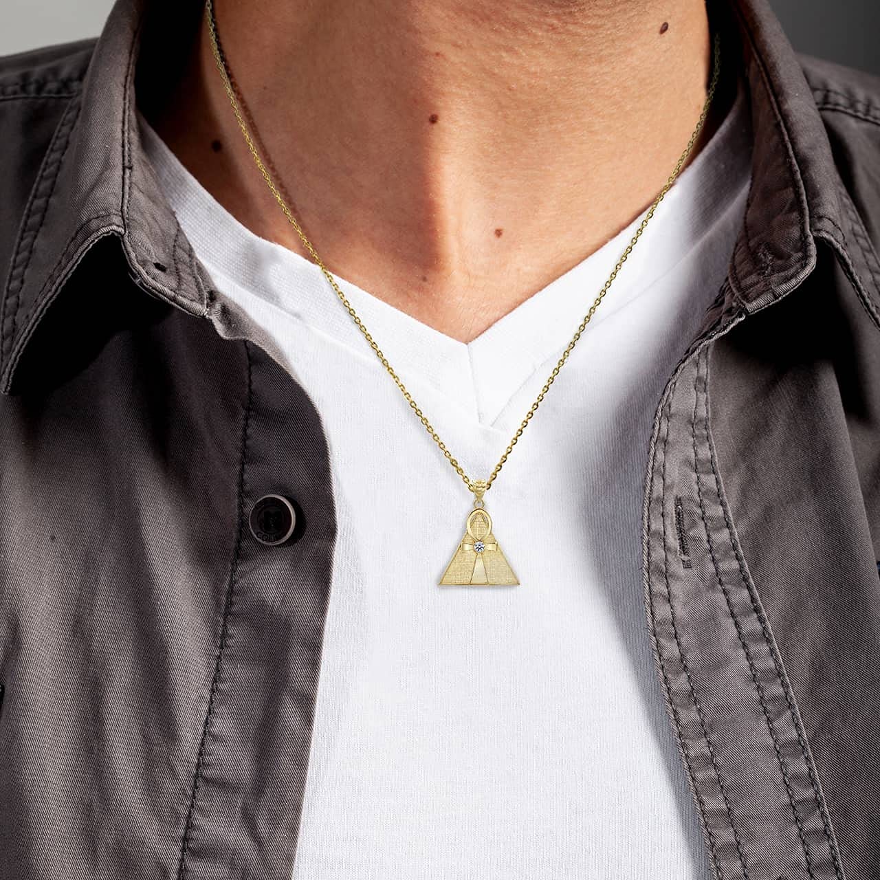 Certified 10K Yellow Gold CZ-Accented Egyptian Ankh Cross Pyramid Pendant