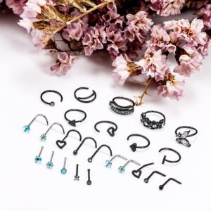 Tkzndnm 20g 20 Gauge Black Nose Rings Studs Hoops Piercings Para La Nariz Jewelry for Women Hypoallergenic Surgical Stainless Silver Steel Straight Pin Corkscrew Screw l Shaped Shape Bars