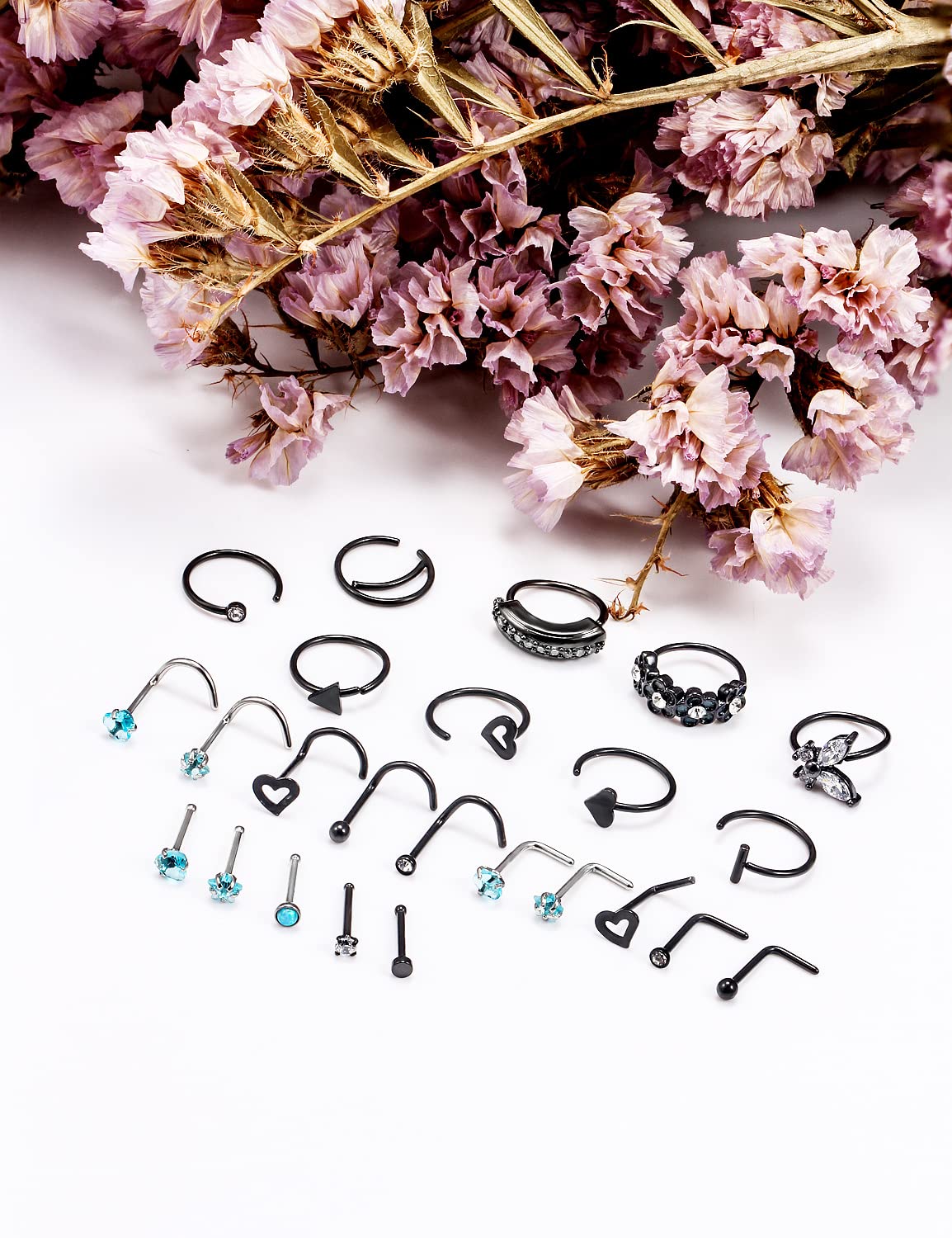 Tkzndnm 20g 20 Gauge Black Nose Rings Studs Hoops Piercings Para La Nariz Jewelry for Women Hypoallergenic Surgical Stainless Silver Steel Straight Pin Corkscrew Screw l Shaped Shape Bars