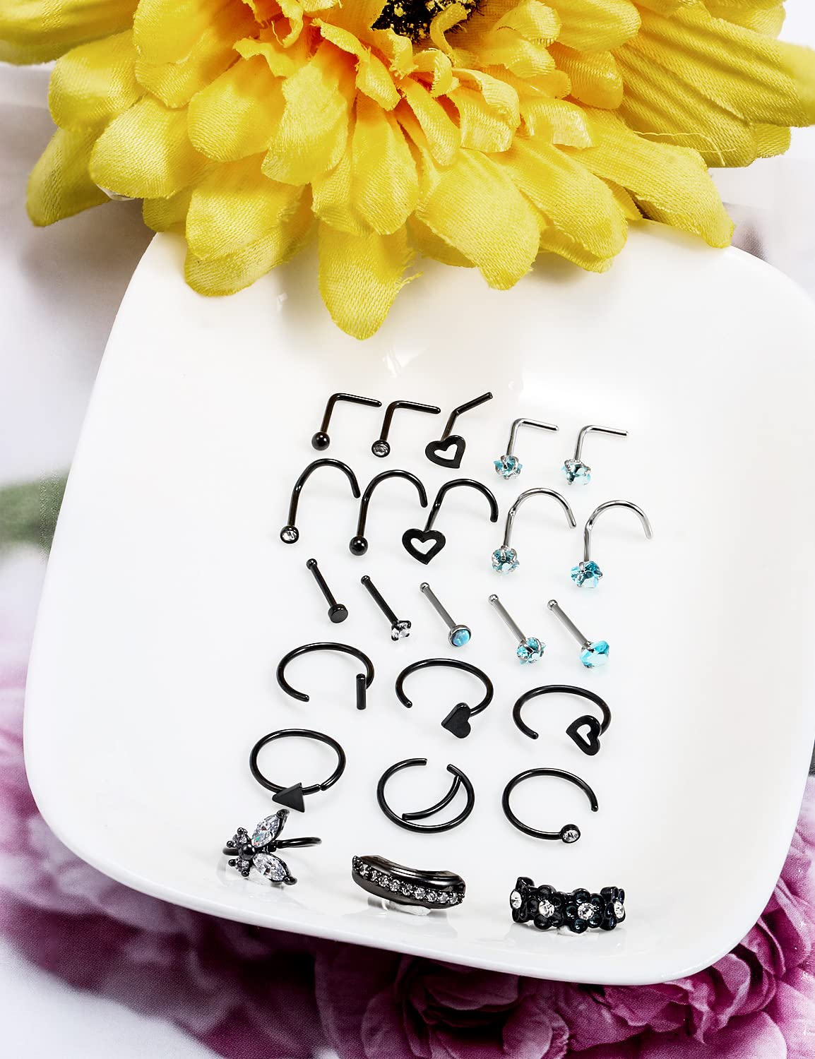 Tkzndnm 20g 20 Gauge Black Nose Rings Studs Hoops Piercings Para La Nariz Jewelry for Women Hypoallergenic Surgical Stainless Silver Steel Straight Pin Corkscrew Screw l Shaped Shape Bars