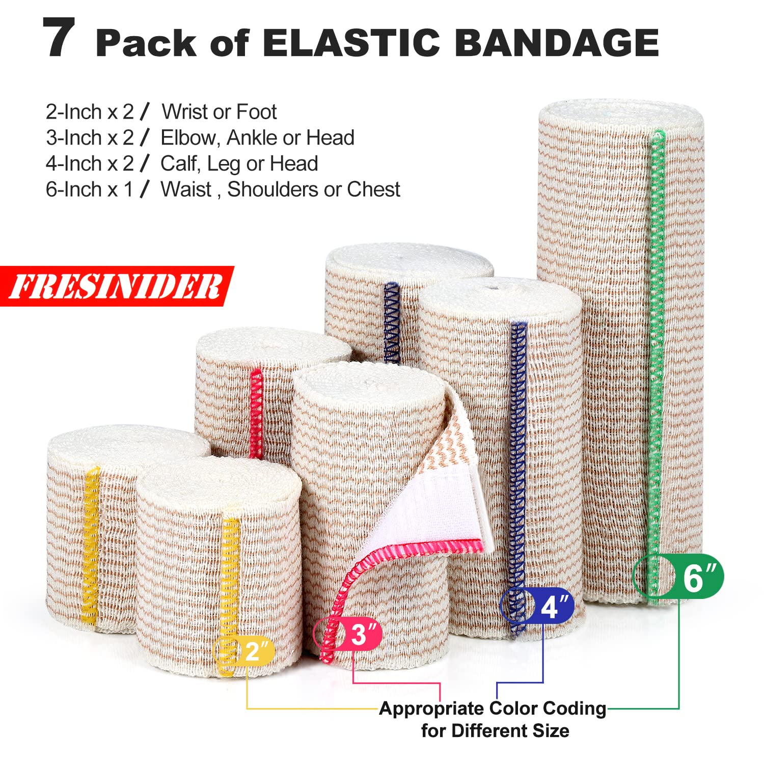 FRESINIDER Premium Elastic Bandage Wrap (7pack) Self Adhesive Cotton Latex Free Compression Bandage Wrap with Touch Closure at Both Ends, Support & First Aid for Sports, Medical, and Injury Recovery