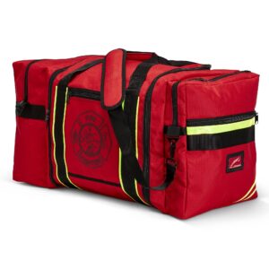 line2design firefighter gear bag, turnout jumbo fire bag with reflective trim, padded shoulder strap and maltese cross logo red bag