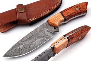 damascus knives for hunting skinning - fixed blade hunting knife with sheath - damascus steel knife with wood handle - 9 inches handmade skinner camping knife.