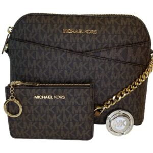 Michael Kors MICHAEL Michael Kors Jet Set Travel MD Dome XCross Crossbody bundled with SM TZ Coinpouch Purse Hook (Signature MK Brown)