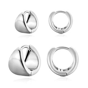 14k silver plated huggie earrings small chunky hoop earrings set dainty wide cute simple earrings for women,2 size