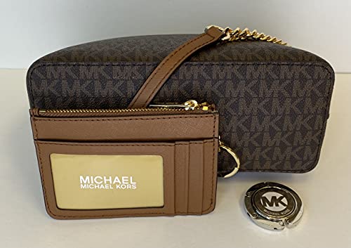 Michael Kors MICHAEL Michael Kors Jet Set Travel MD Dome XCross Crossbody bundled with SM TZ Coinpouch Purse Hook (Signature MK Brown)