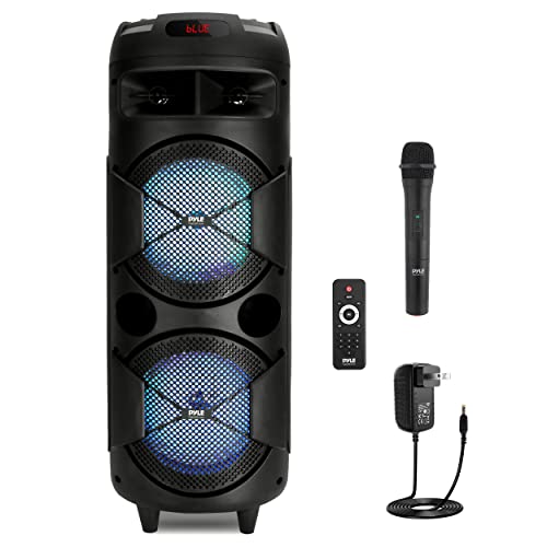 Pyle Portable Bluetooth PA Speaker-300W Dual 8" Rechargeable Indoor/Outdoor BT Karaoke Audio System-TWS, Party Lights, LED Display, FM/AUX/MP3/USB, 6.5mm in, Carry Handle-Wireless Mic, Remote Control