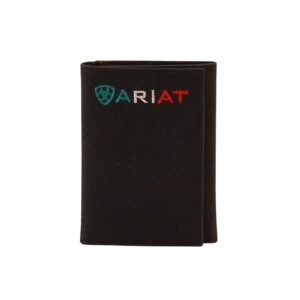 ariat® men's mexico flag logo brown leather trifold wallet