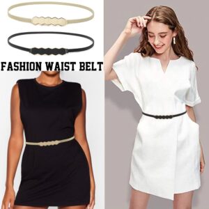 Suyi Skinny Stretch Belt for Women Elastic 2 Pieces Waist Belt Thin Cinch Belts for Dress Black Beige Set1