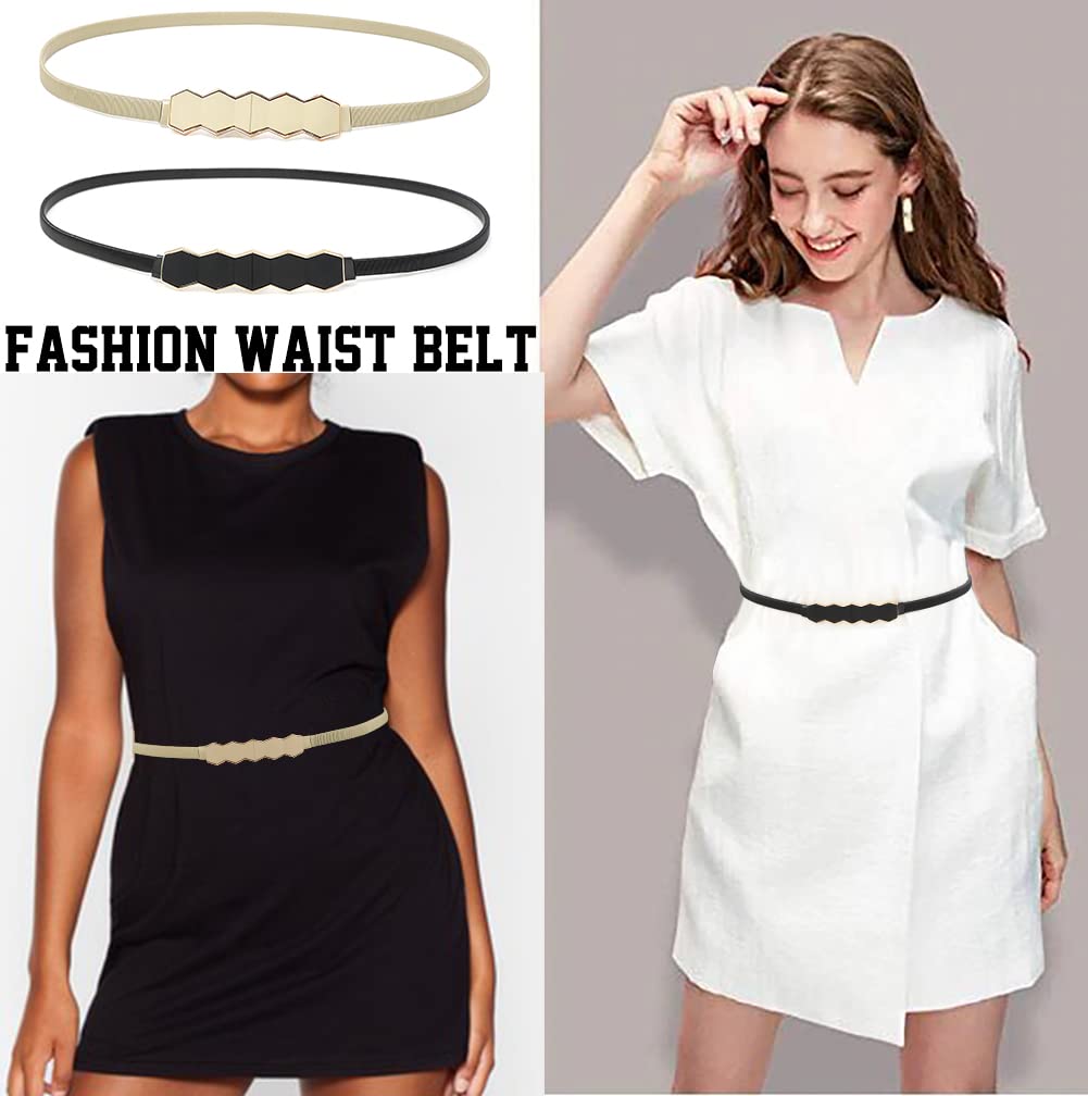 Suyi Skinny Stretch Belt for Women Elastic 2 Pieces Waist Belt Thin Cinch Belts for Dress Black Beige Set1