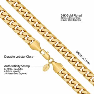 LIFETIME JEWELRY Miami Curb Square Cut Cuban Link Chain Necklaces 24k Gold Plated (5mm & 9.5mm) (24 inches, 9.5mm, Gold)