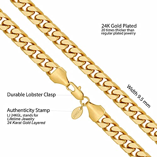 LIFETIME JEWELRY Miami Curb Square Cut Cuban Link Chain Necklaces 24k Gold Plated (5mm & 9.5mm) (24 inches, 9.5mm, Gold)