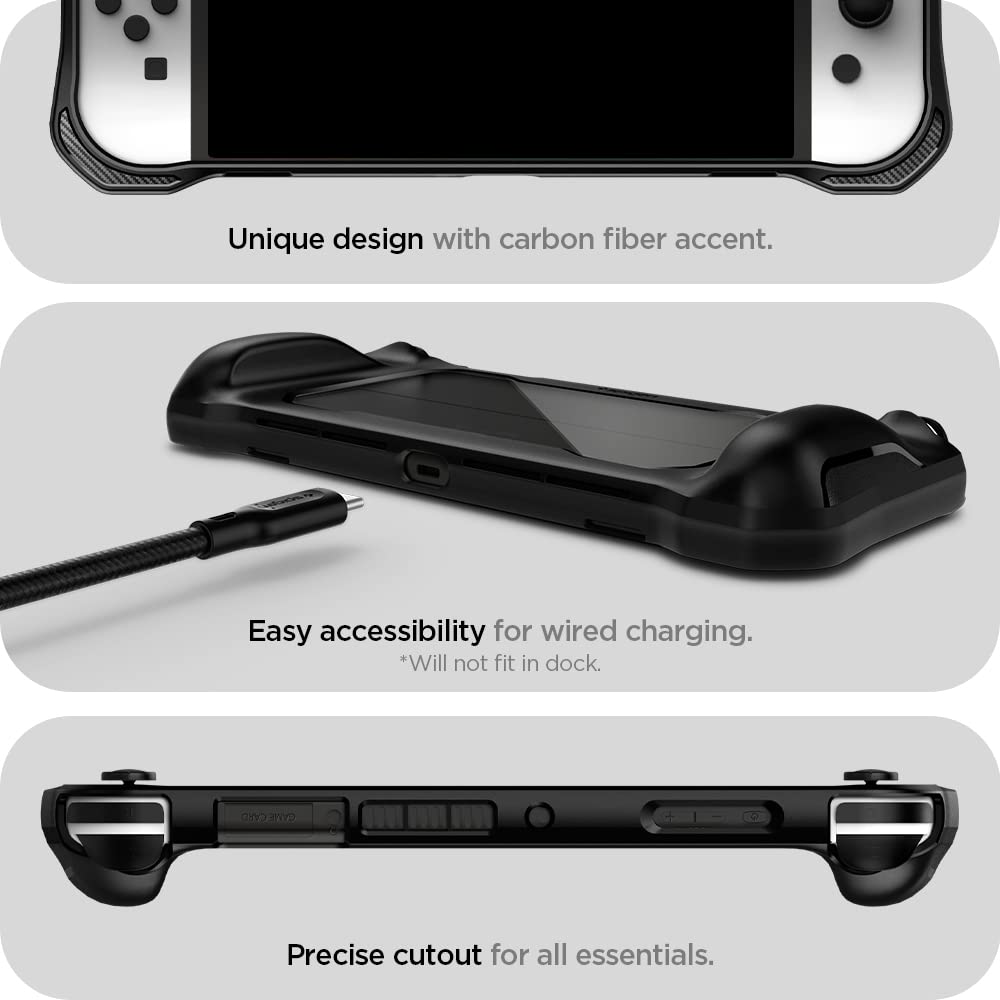 Spigen Rugged Armor Designed for Nintendo Switch OLED Model 7 Inch and Joy-Con Controller TPU Grip with Strap Protective Case (2021) - Matte Black