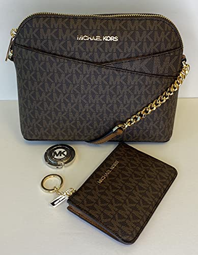 Michael Kors MICHAEL Michael Kors Jet Set Travel MD Dome XCross Crossbody bundled with SM TZ Coinpouch Purse Hook (Signature MK Brown)