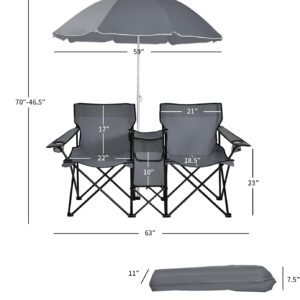 Goplus Double Camping Chair with Umbrella, Folding Loveseat Chairs w/Canopy Shade, Carrying Bag, Table, Cup Holder, Portable Beach Chairs Outdoor Picnic Patio (Grey)