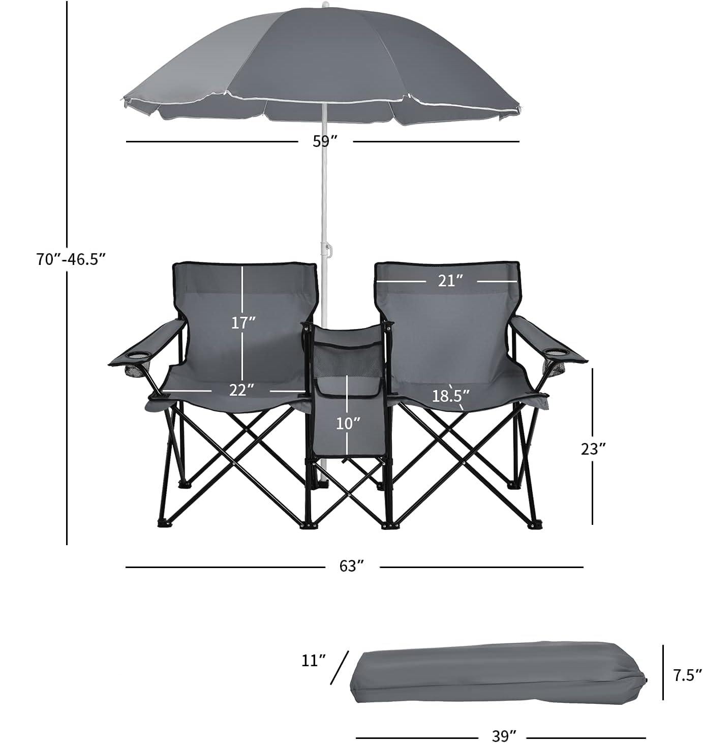 Goplus Double Camping Chair with Umbrella, Folding Loveseat Chairs w/Canopy Shade, Carrying Bag, Table, Cup Holder, Portable Beach Chairs Outdoor Picnic Patio (Grey)