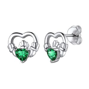 hypoallergenic 925 sterling silver claddagh celtic knot may birthstone green earrings, birth stone jewelry dainty cute stud heart shaped hoop earrings for women