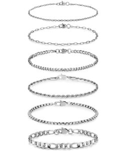 honsny 6pcs stainless steel bracelets for women men,14k gold plated cuban link paperclip chain bracelet dainty 6.3/7/7.8/9.5 inch stainless steel bracelet set fashion jewelry