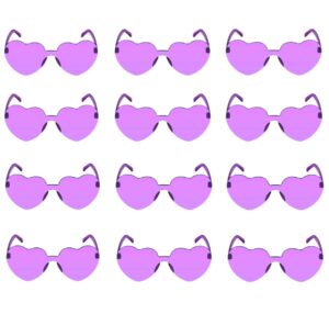 jftown 12 pairs heart shape rimless valentines sunglasses candy color frameless one piece love glasses for women party favor (purple)