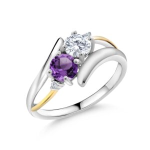 gem stone king 925 silver and 10k yellow gold white moissanite and purple amethyst and white moissanite 2-stone crossover ring for women (1.00 cttw, size 8)