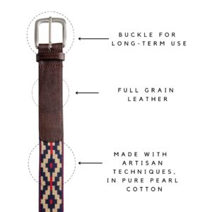 GauchoLife Handmade Woven Polo Belt - Guarda Pampas Design, Crafted from Full Grain Leather (Brown/Blue-Red, 36)