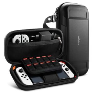 spigen rugged armor pro travel carrying hard case compatible with nintendo switch (2017) and nintendo switch oled (2021) - black